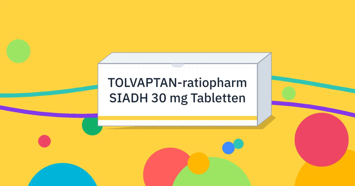 Symbolbild: Packung mit der Aufschrift TOLVAPTAN-ratiopharm SIADH 30 mg Tabletten (PZN 15821903) – Verfügbarkeit und Bezug in Apotheken in Frankfurt am Main
