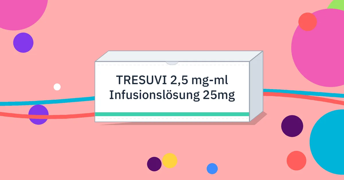 Symbolbild: Packung mit der Aufschrift TRESUVI 2,5 mg-ml Infusionslösung 25mg (PZN 17197142) – Verfügbarkeit und Bezug in Apotheken in Frankfurt am Main