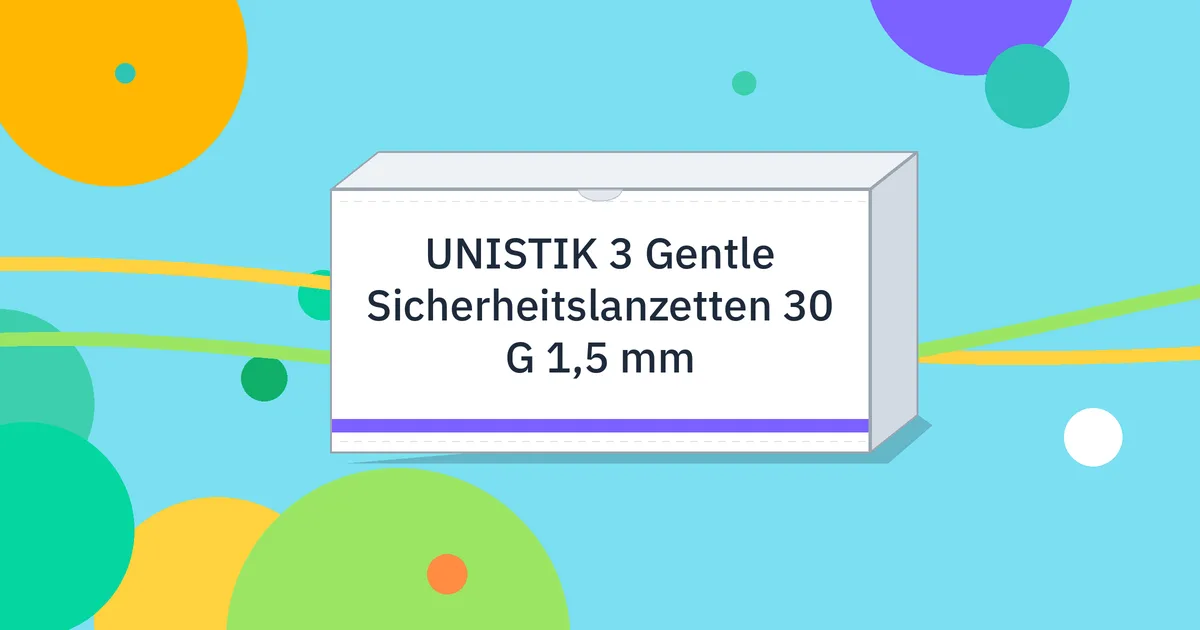 Symbolbild: Packung mit der Aufschrift UNISTIK 3 Gentle Sicherheitslanzetten 30 G 1,5 mm (PZN 14325295) – Verfügbarkeit und Bezug in Apotheken in Frankfurt am Main