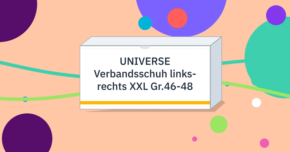 Symbolbild: Packung mit der Aufschrift UNIVERSE Verbandsschuh links-rechts XXL Gr.46-48 (PZN 17197449) – Verfügbarkeit und Bezug in Apotheken in Frankfurt am Main