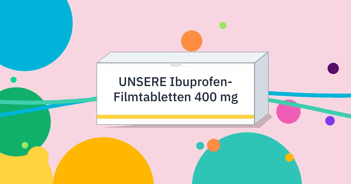 Symbolbild: Packung mit der Aufschrift UNSERE Ibuprofen-Filmtabletten 400 mg (PZN 19679282) – Verfügbarkeit und Bezug in Apotheken in Frankfurt am Main