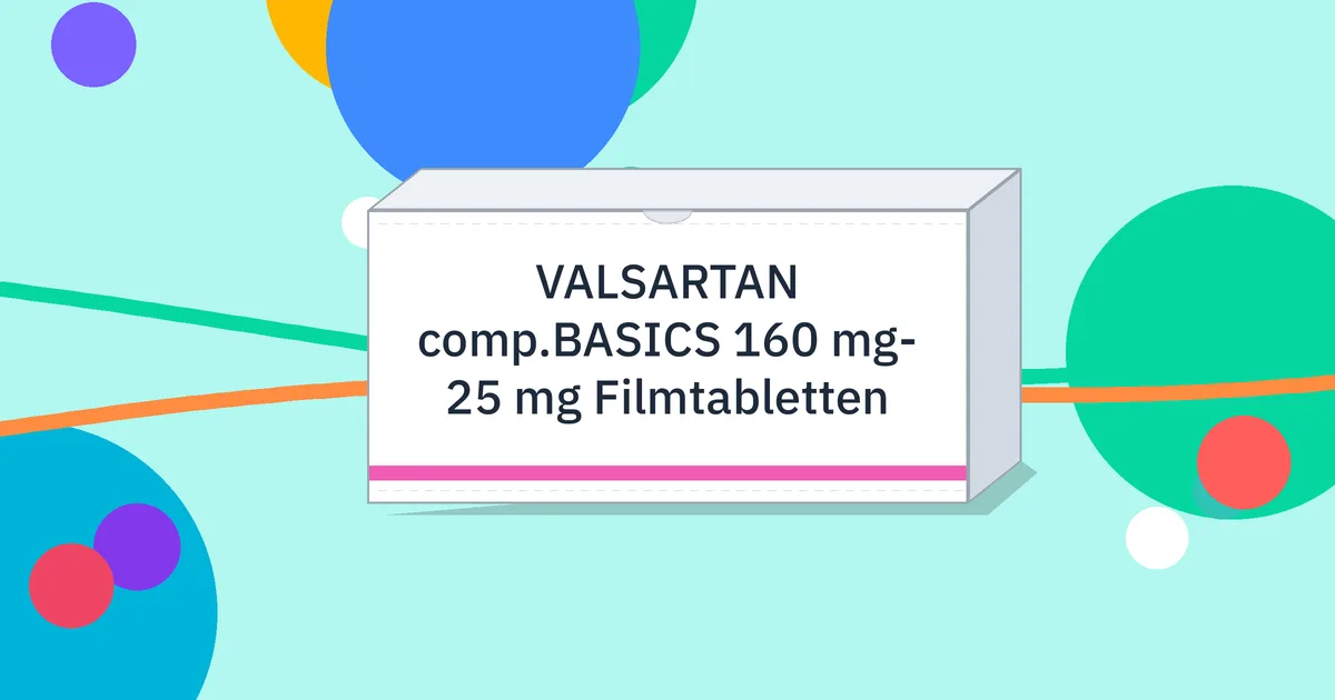 Symbolbild: Packung mit der Aufschrift VALSARTAN comp.BASICS 160 mg-25 mg Filmtabletten (PZN 07762138) – Verfügbarkeit und Bezug in Apotheken in Frankfurt am Main