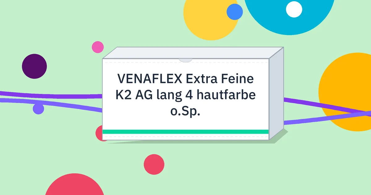 Symbolbild: Packung mit der Aufschrift VENAFLEX Extra Feine K2 AG lang 4 hautfarbe o.Sp. (PZN 18308537) – Verfügbarkeit und Bezug in Apotheken in Frankfurt am Main