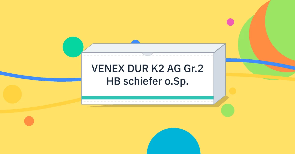 Symbolbild: Packung mit der Aufschrift VENEX DUR K2 AG Gr.2 HB schiefer o.Sp. (PZN 03221262) – Verfügbarkeit und Bezug in Apotheken in Frankfurt am Main
