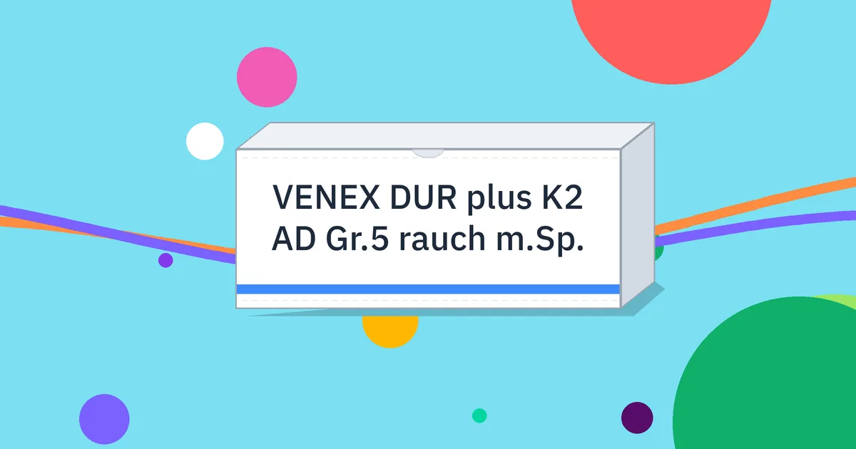 Symbolbild: Packung mit der Aufschrift VENEX DUR plus K2 AD Gr.5 rauch m.Sp. (PZN 03233153) – Verfügbarkeit und Bezug in Apotheken in Frankfurt am Main