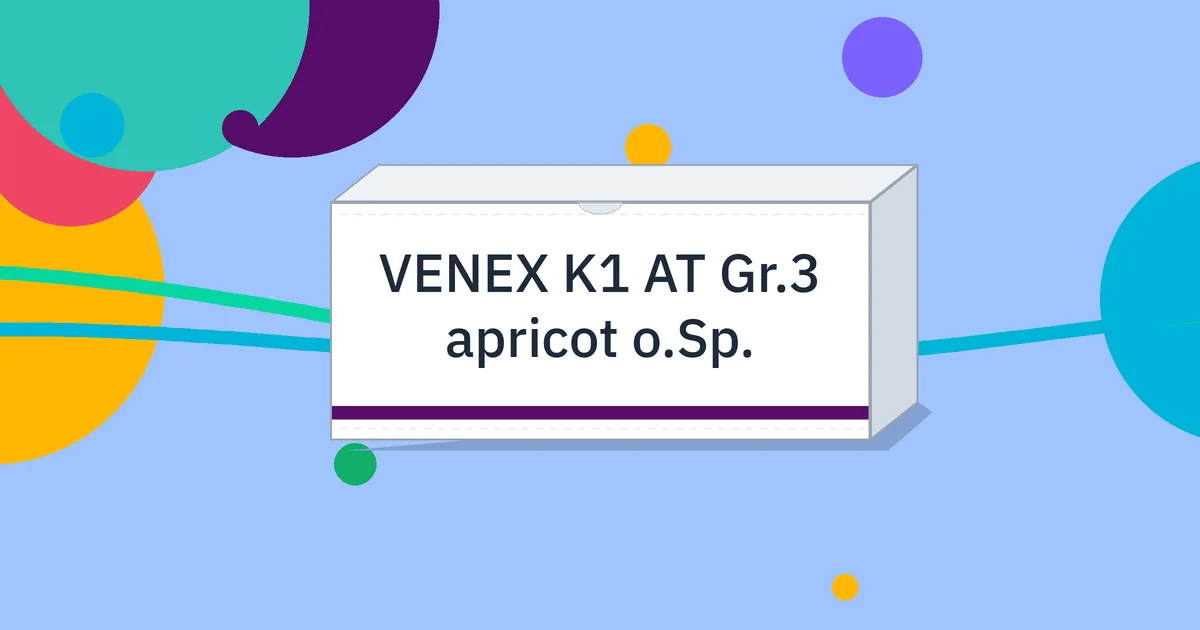 Symbolbild: Packung mit der Aufschrift VENEX K1 AT Gr.3 apricot o.Sp. (PZN 03197782) – Verfügbarkeit und Bezug in Apotheken in Frankfurt am Main