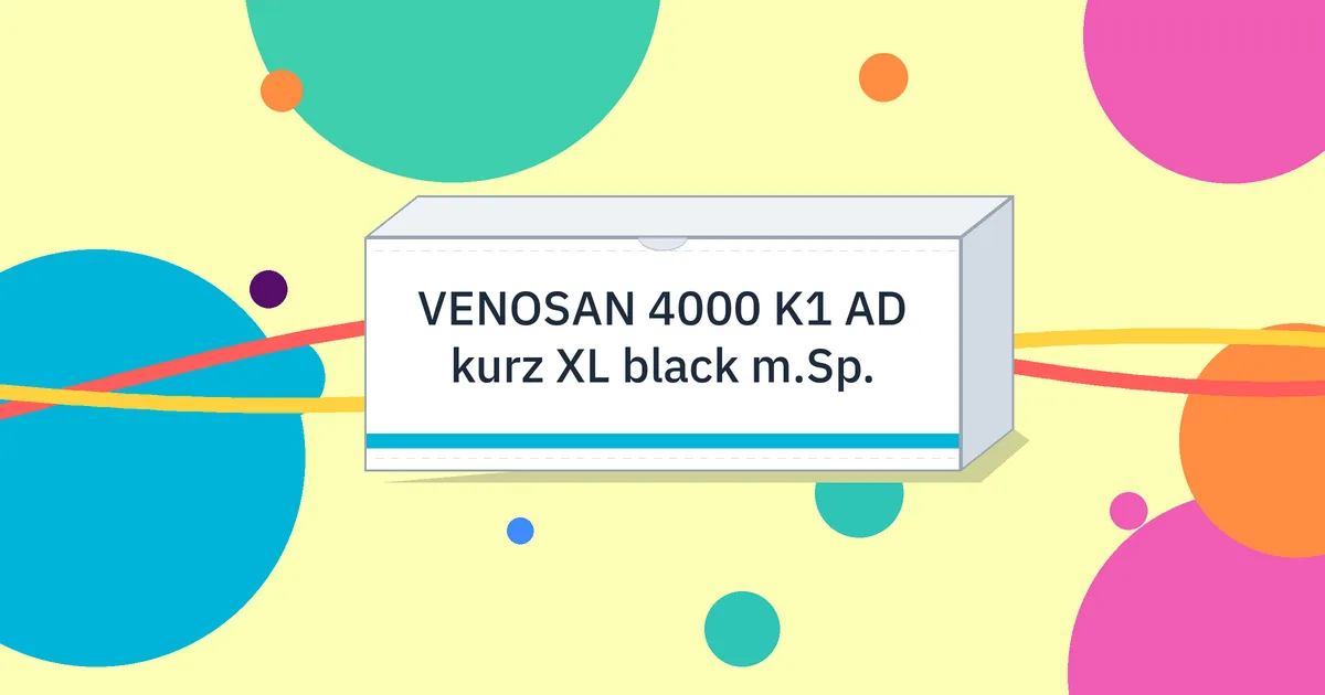 Symbolbild: Packung mit der Aufschrift VENOSAN 4000 K1 AD kurz XL black m.Sp. (PZN 14426458) – Verfügbarkeit und Bezug in Apotheken in Frankfurt am Main