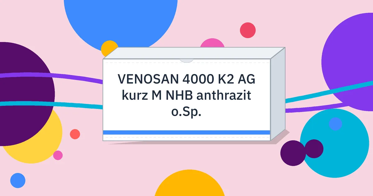 Symbolbild: Packung mit der Aufschrift VENOSAN 4000 K2 AG kurz M NHB anthrazit o.Sp. (PZN 16601859) – Verfügbarkeit und Bezug in Apotheken in Frankfurt am Main
