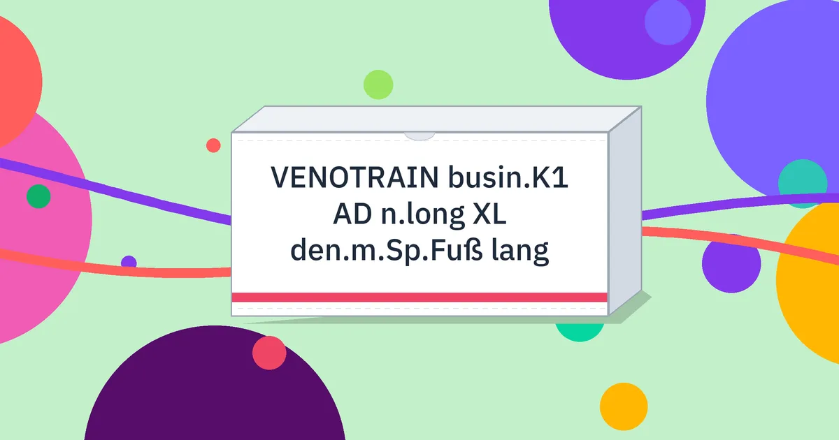Symbolbild: Packung mit der Aufschrift VENOTRAIN busin.K1 AD n.long XL den.m.Sp.Fuß lang (PZN 19056641) – Verfügbarkeit und Bezug in Apotheken in Frankfurt am Main