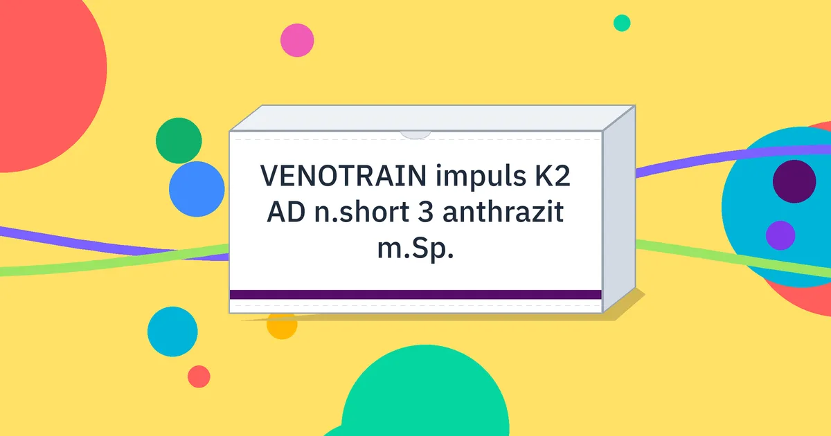 Symbolbild: Packung mit der Aufschrift VENOTRAIN impuls K2 AD n.short 3 anthrazit m.Sp. (PZN 15221646) – Verfügbarkeit und Bezug in Apotheken in Frankfurt am Main