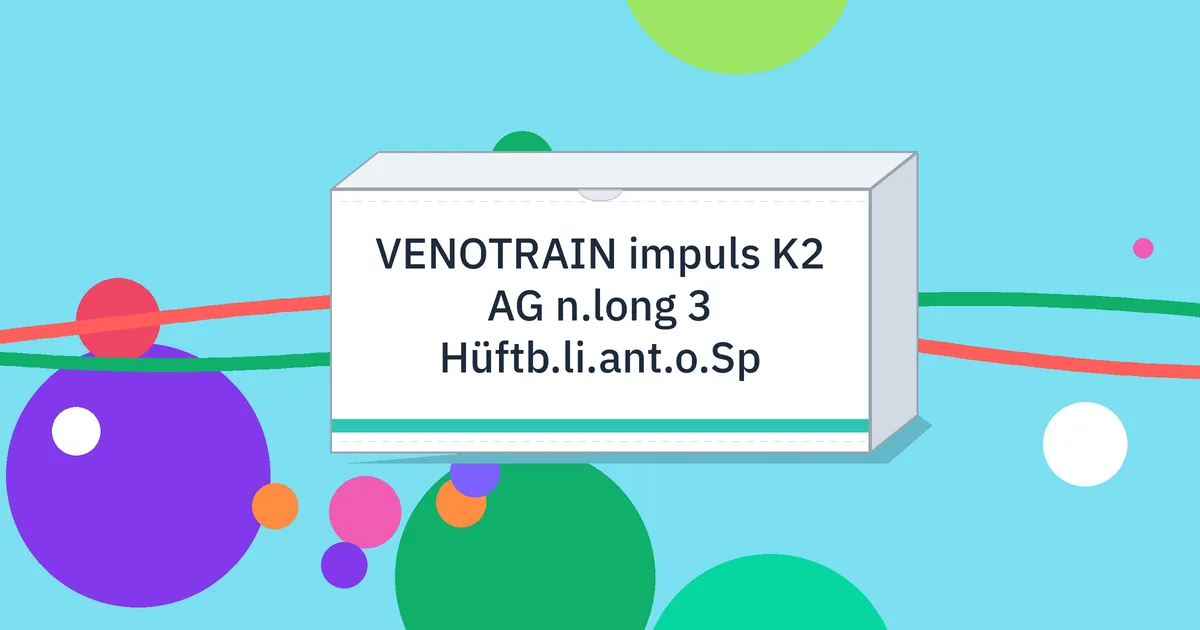 Symbolbild: Packung mit der Aufschrift VENOTRAIN impuls K2 AG n.long 3 Hüftb.li.ant.o.Sp (PZN 15219709) – Verfügbarkeit und Bezug in Apotheken in Frankfurt am Main