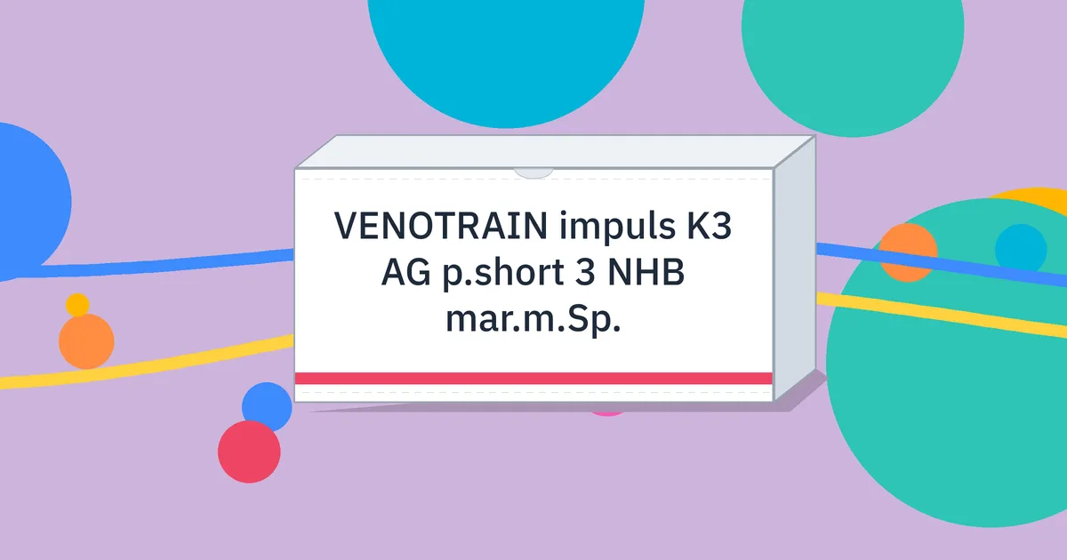Symbolbild: Packung mit der Aufschrift VENOTRAIN impuls K3 AG p.short 3 NHB mar.m.Sp. (PZN 15215373) – Verfügbarkeit und Bezug in Apotheken in Frankfurt am Main