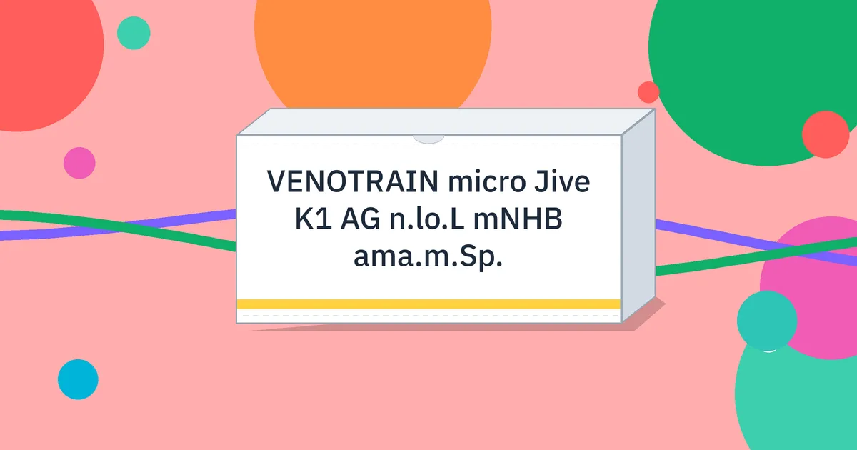 Symbolbild: Packung mit der Aufschrift VENOTRAIN micro Jive K1 AG n.lo.L mNHB ama.m.Sp. (PZN 17759491) – Verfügbarkeit und Bezug in Apotheken in Frankfurt am Main