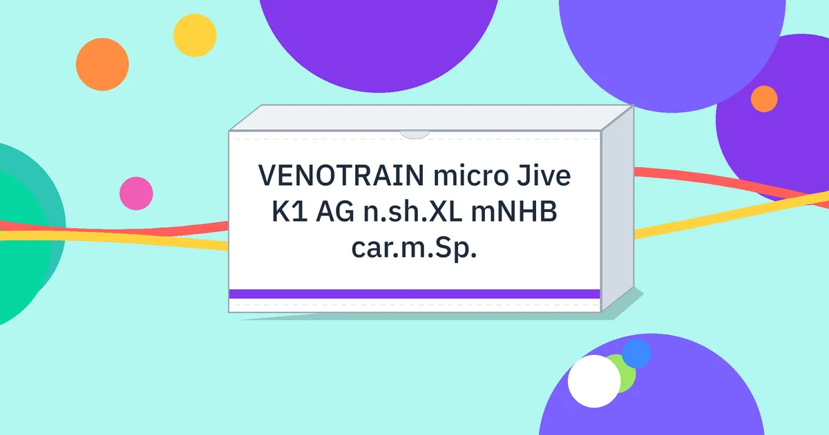 Symbolbild: Packung mit der Aufschrift VENOTRAIN micro Jive K1 AG n.sh.XL mNHB car.m.Sp. (PZN 17758646) – Verfügbarkeit und Bezug in Apotheken in Frankfurt am Main