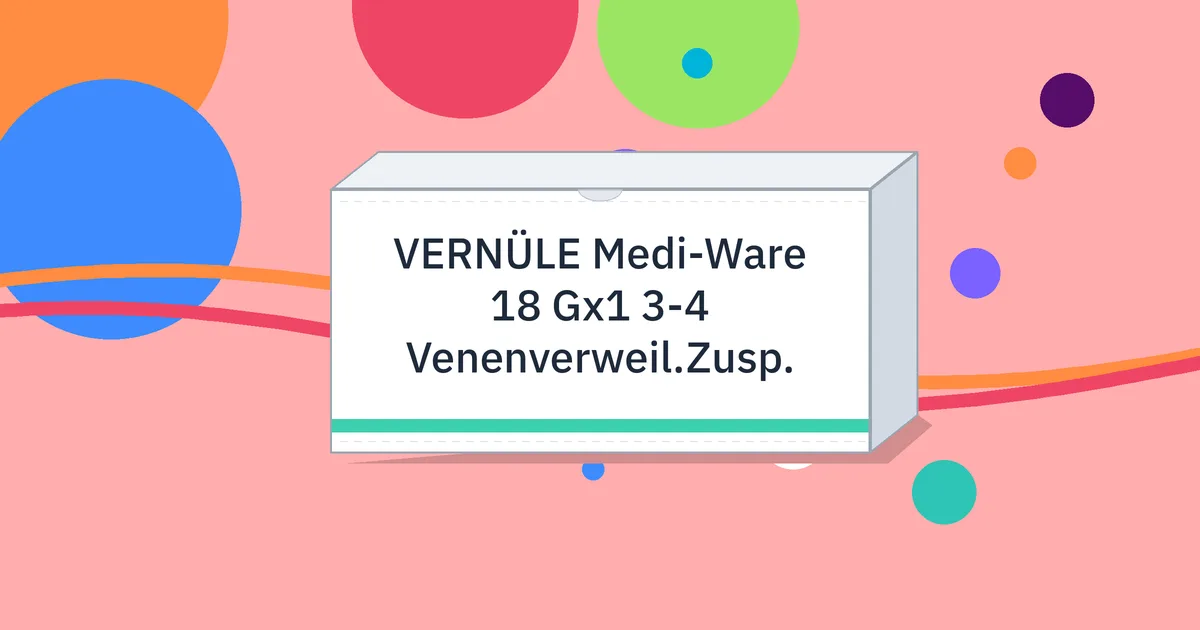 Symbolbild: Packung mit der Aufschrift VERNÜLE Medi-Ware 18 Gx1 3-4 Venenverweil.Zusp. (PZN 04303499) – Verfügbarkeit und Bezug in Apotheken in Frankfurt am Main