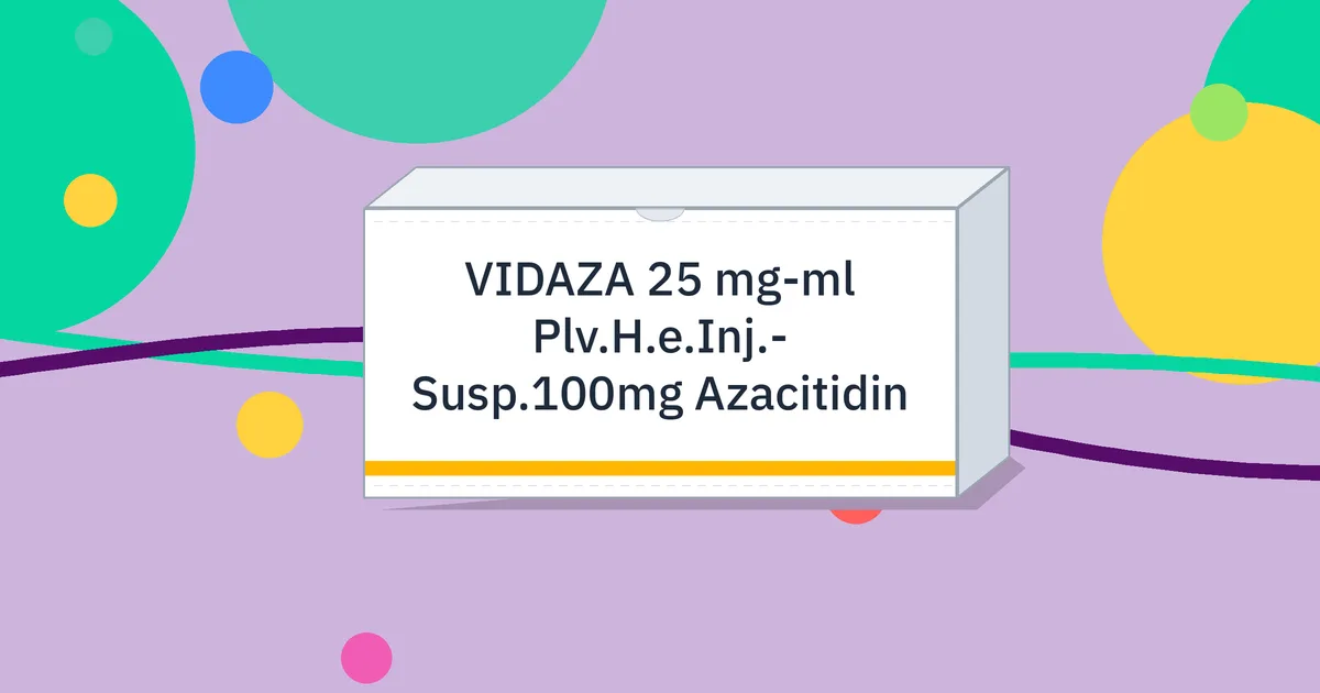 Symbolbild: Packung mit der Aufschrift VIDAZA 25 mg-ml Plv.H.e.Inj.-Susp.100mg Azacitidin (PZN 02074310) – Verfügbarkeit und Bezug in Apotheken in Frankfurt am Main