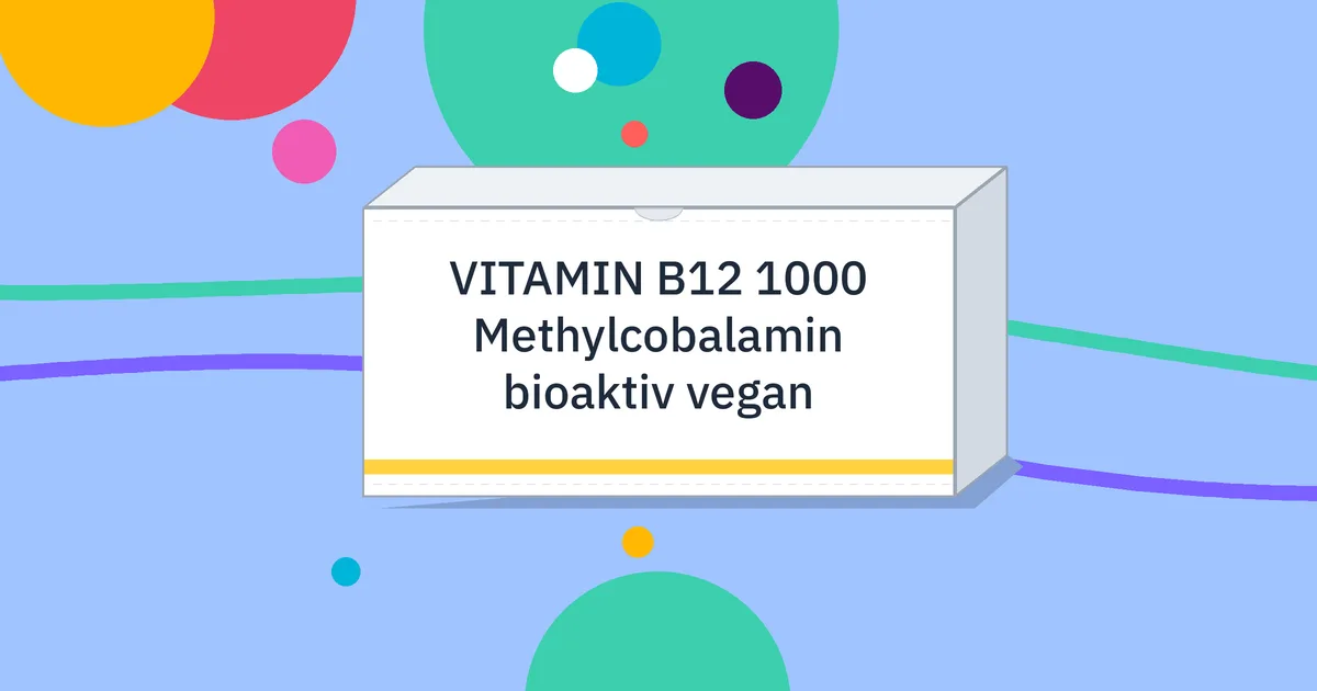 Symbolbild: Packung mit der Aufschrift VITAMIN B12 1000 Methylcobalamin bioaktiv vegan (PZN 20339321) – Verfügbarkeit und Bezug in Apotheken in Frankfurt am Main