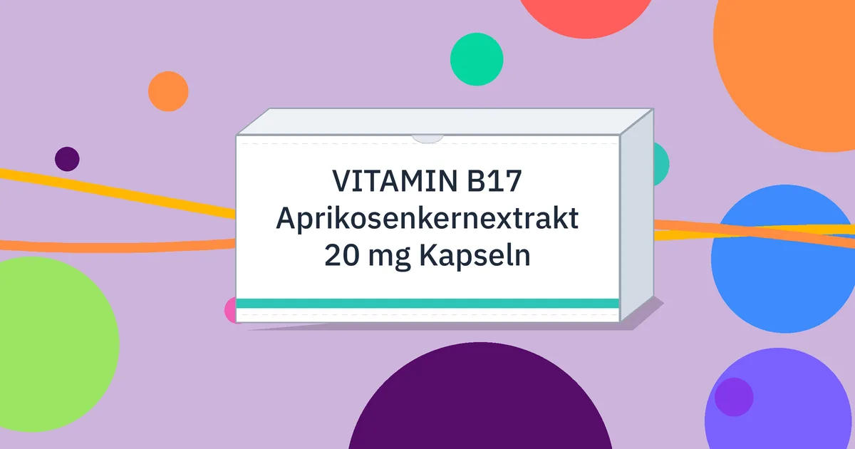 Symbolbild: Packung mit der Aufschrift VITAMIN B17 Aprikosenkernextrakt 20 mg Kapseln (PZN 19112150) – Verfügbarkeit und Bezug in Apotheken in Frankfurt am Main