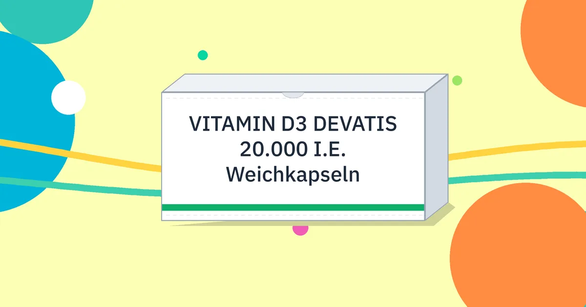 Symbolbild: Packung mit der Aufschrift VITAMIN D3 DEVATIS 20.000 I.E. Weichkapseln (PZN 20348455) – Verfügbarkeit und Bezug in Apotheken in Frankfurt am Main