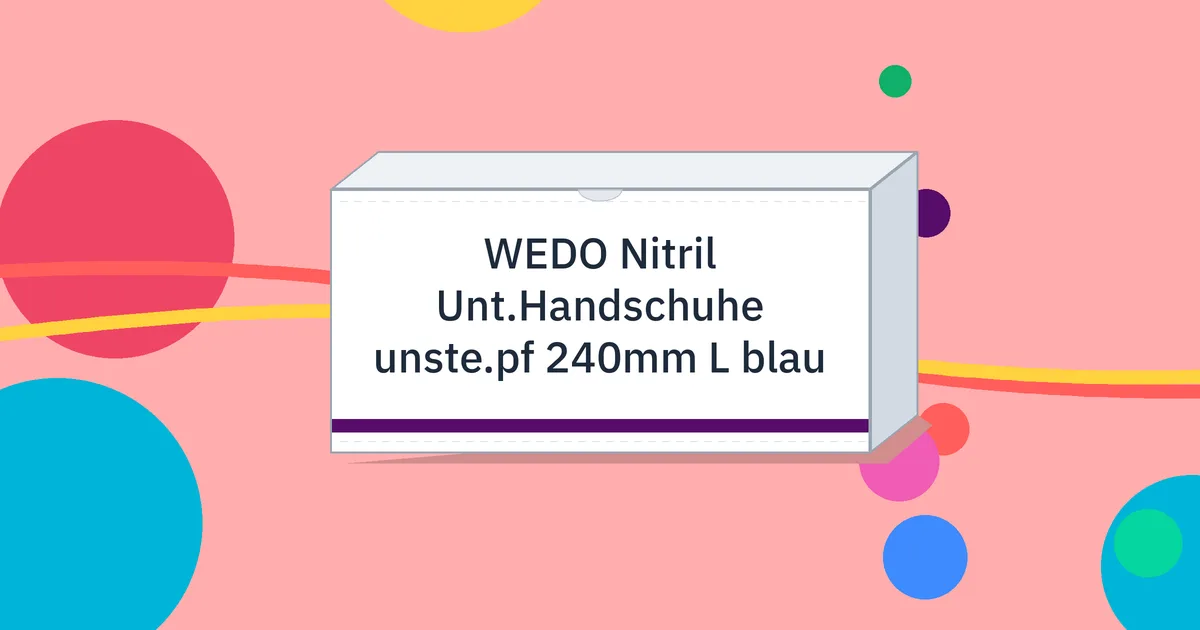 Symbolbild: Packung mit der Aufschrift WEDO Nitril Unt.Handschuhe unste.pf 240mm L blau (PZN 18740051) – Verfügbarkeit und Bezug in Apotheken in Frankfurt am Main