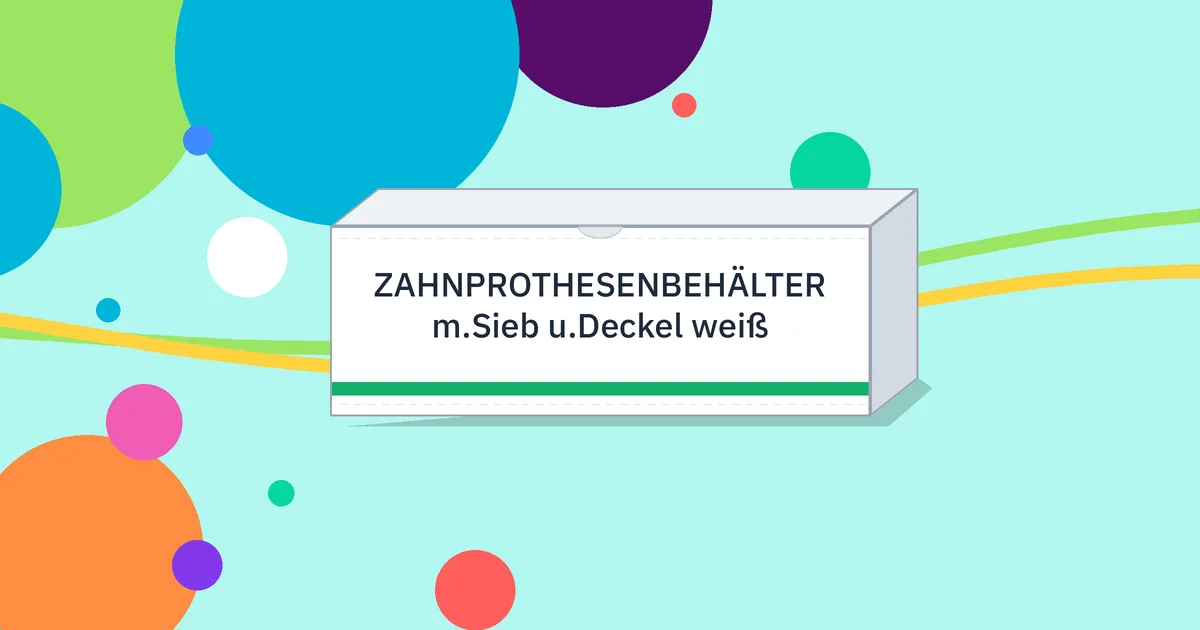 Symbolbild: Packung mit der Aufschrift ZAHNPROTHESENBEHÄLTER m.Sieb u.Deckel weiß (PZN 10831682) – Verfügbarkeit und Bezug in Apotheken in Frankfurt am Main