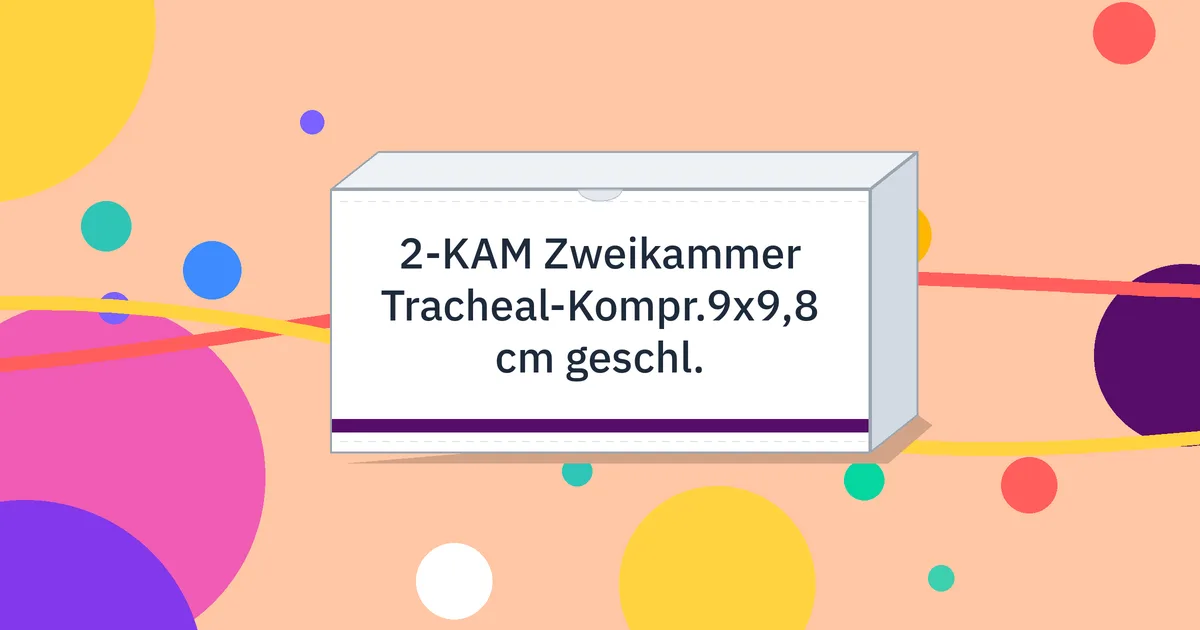 Symbolbild: Packung mit der Aufschrift 2-KAM Zweikammer Tracheal-Kompr.9x9,8 cm geschl. (PZN 01879603) – Verfügbarkeit und Bezug in Apotheken in Frankfurt am Main