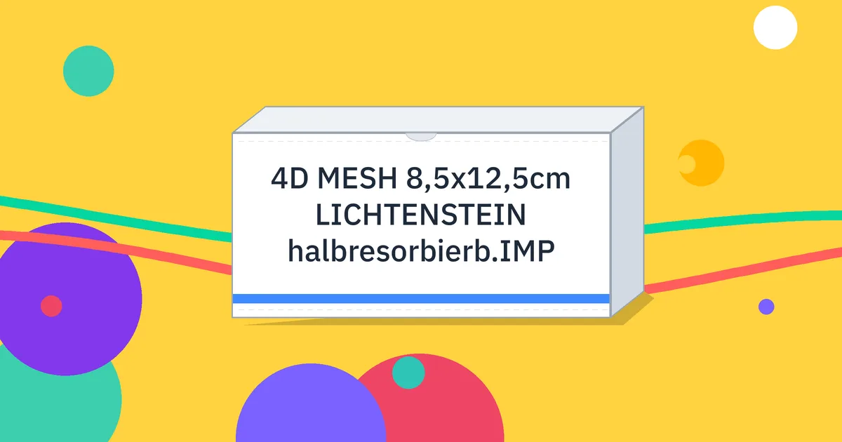 Symbolbild: Packung mit der Aufschrift 4D MESH 8,5x12,5cm LICHTENSTEIN halbresorbierb.IMP (PZN 19504358) – Verfügbarkeit und Bezug in Apotheken in Frankfurt am Main