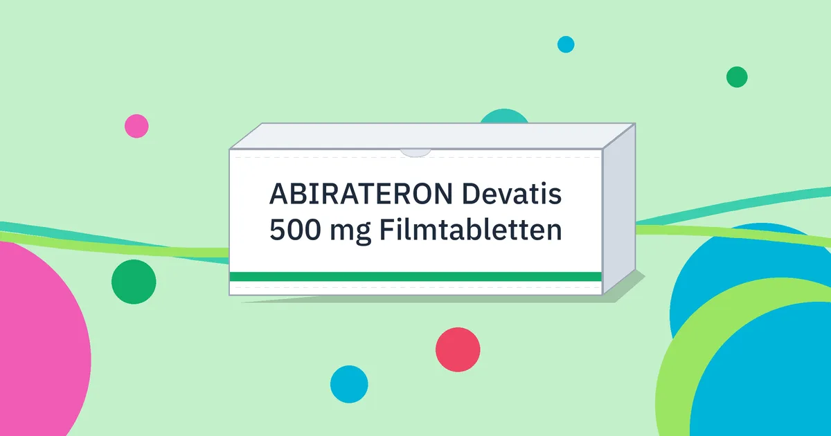 Symbolbild: Packung mit der Aufschrift ABIRATERON Devatis 500 mg Filmtabletten (PZN 19899575) – Verfügbarkeit und Bezug in Apotheken in Frankfurt am Main