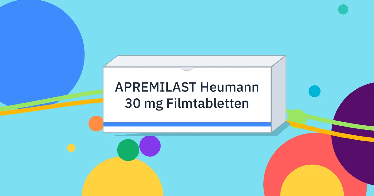 Symbolbild: Packung mit der Aufschrift APREMILAST Heumann 30 mg Filmtabletten (PZN 19693721) – Verfügbarkeit und Bezug in Apotheken in Frankfurt am Main