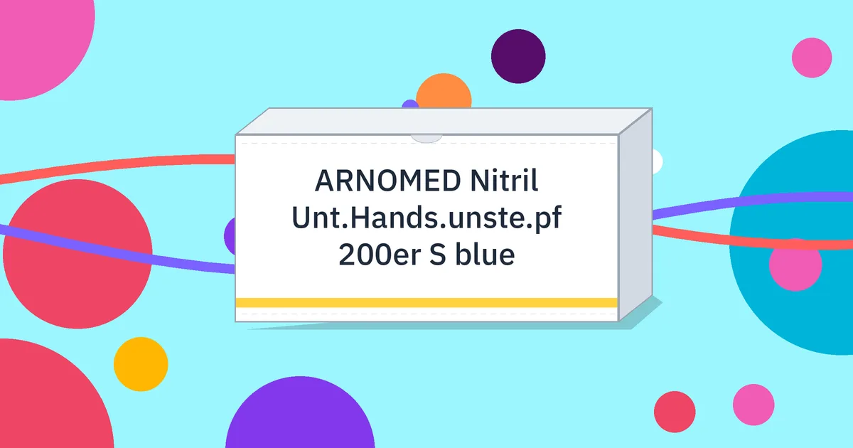 Symbolbild: Packung mit der Aufschrift ARNOMED Nitril Unt.Hands.unste.pf 200er S blue (PZN 18253397) – Verfügbarkeit und Bezug in Apotheken in Frankfurt am Main