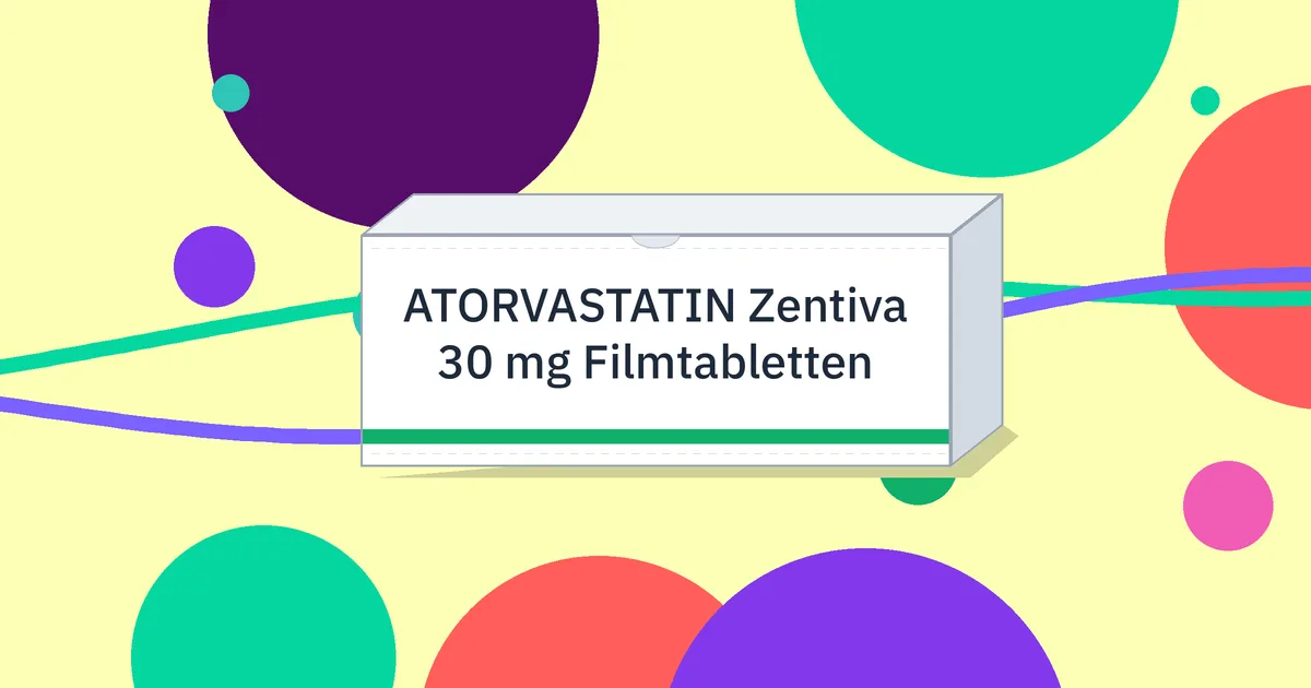 Symbolbild: Packung mit der Aufschrift ATORVASTATIN Zentiva 30 mg Filmtabletten (PZN 15784409) – Verfügbarkeit und Bezug in Apotheken in Frankfurt am Main