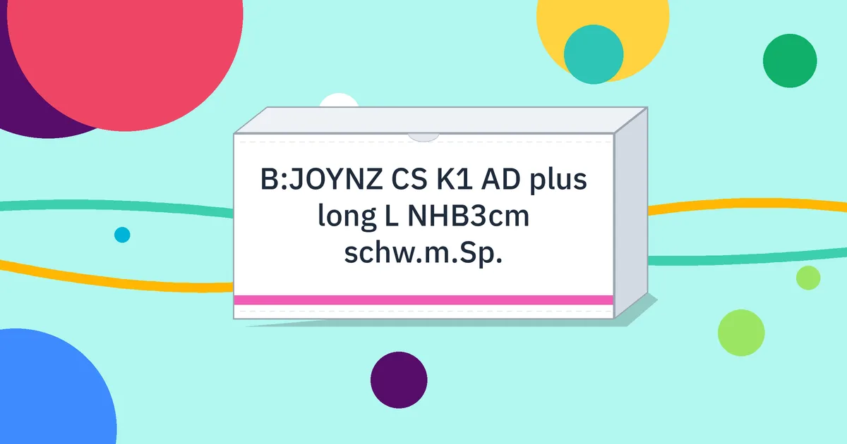 Symbolbild: Packung mit der Aufschrift B:JOYNZ CS K1 AD plus long L NHB3cm schw.m.Sp. (PZN 20529168) – Verfügbarkeit und Bezug in Apotheken in Frankfurt am Main