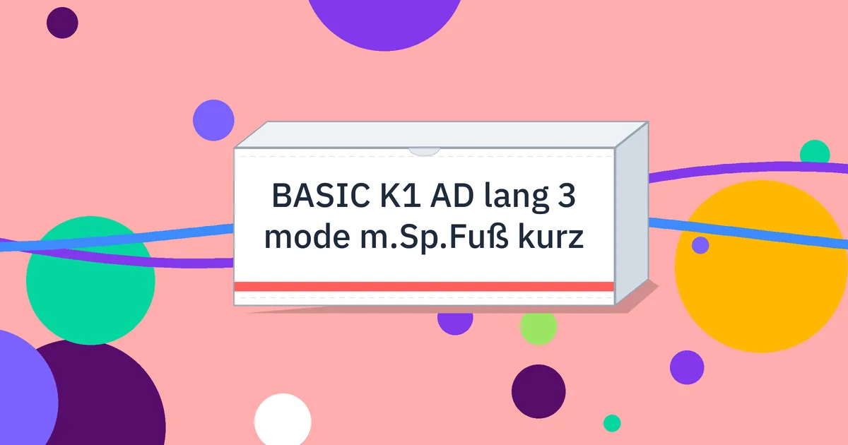 Symbolbild: Packung mit der Aufschrift BASIC K1 AD lang 3 mode m.Sp.Fuß kurz (PZN 20258019) – Verfügbarkeit und Bezug in Apotheken in Frankfurt am Main