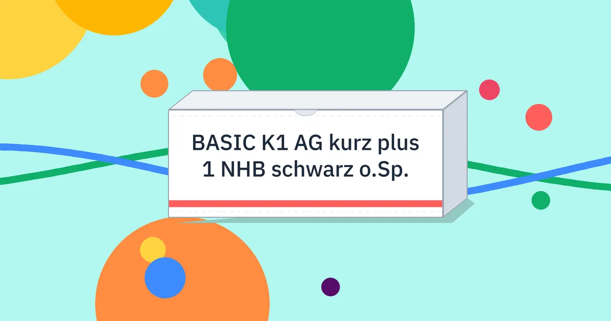 Symbolbild: Packung mit der Aufschrift BASIC K1 AG kurz plus 1 NHB schwarz o.Sp. (PZN 20259585) – Verfügbarkeit und Bezug in Apotheken in Frankfurt am Main