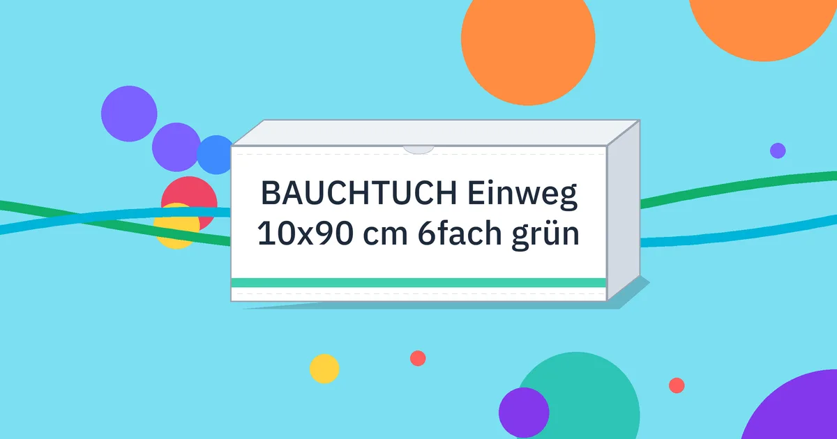 Symbolbild: Packung mit der Aufschrift BAUCHTUCH Einweg 10x90 cm 6fach grün (PZN 00033502) – Verfügbarkeit und Bezug in Apotheken in Frankfurt am Main