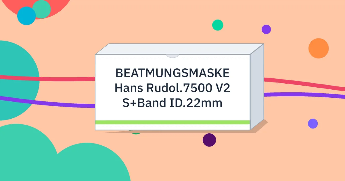 Symbolbild: Packung mit der Aufschrift BEATMUNGSMASKE Hans Rudol.7500 V2 S+Band ID.22mm (PZN 17303288) – Verfügbarkeit und Bezug in Apotheken in Frankfurt am Main