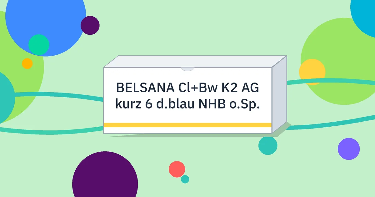 Symbolbild: Packung mit der Aufschrift BELSANA Cl+Bw K2 AG kurz 6 d.blau NHB o.Sp. (PZN 15627590) – Verfügbarkeit und Bezug in Apotheken in Frankfurt am Main