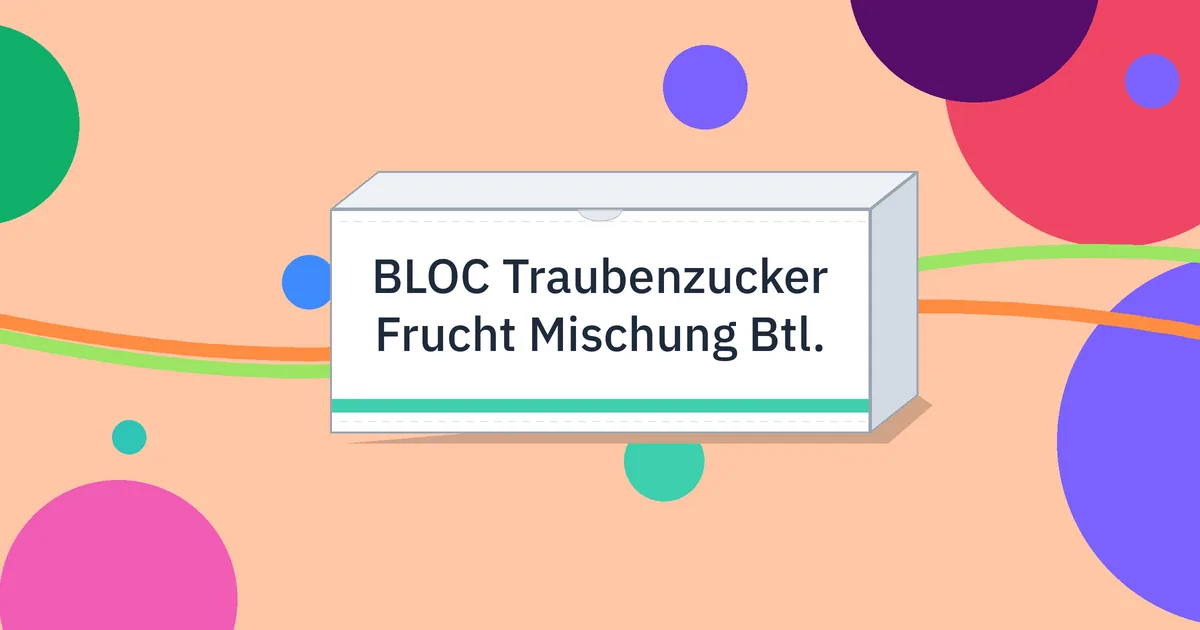 Symbolbild: Packung mit der Aufschrift BLOC Traubenzucker Frucht Mischung Btl. (PZN 03833545) – Verfügbarkeit und Bezug in Apotheken in Frankfurt am Main