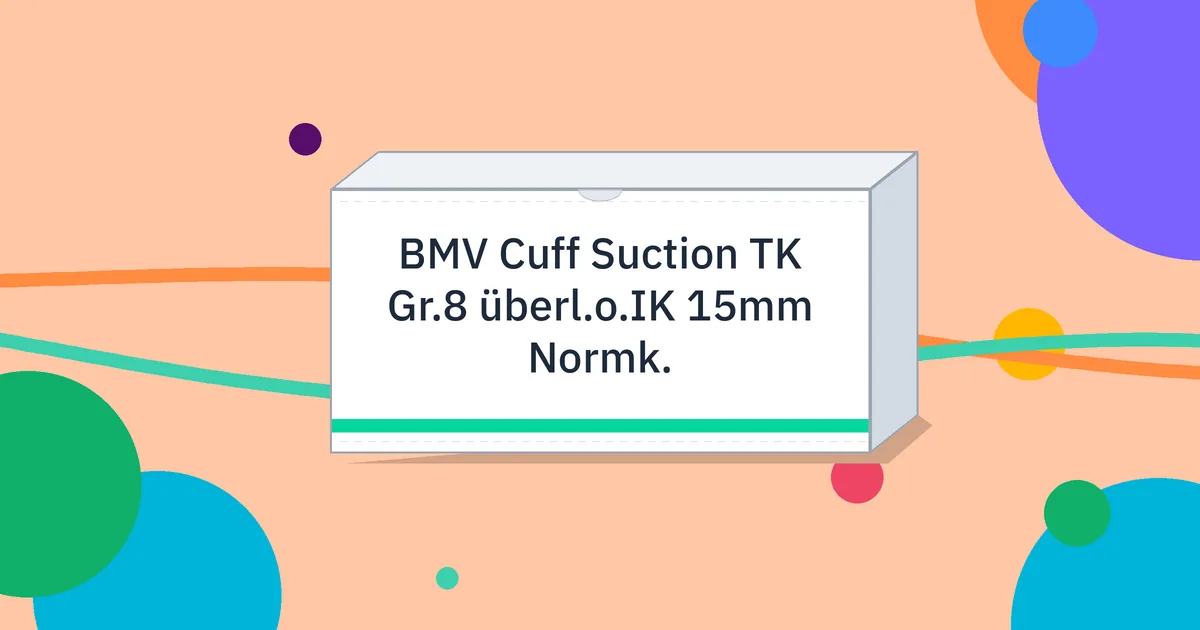Symbolbild: Packung mit der Aufschrift BMV Cuff Suction TK Gr.8 überl.o.IK 15mm Normk. (PZN 18383444) – Verfügbarkeit und Bezug in Apotheken in Frankfurt am Main