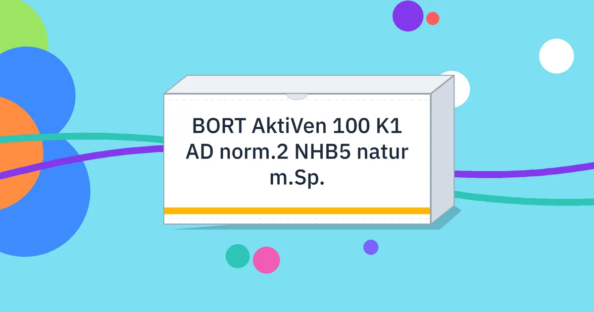 Symbolbild: Packung mit der Aufschrift BORT AktiVen 100 K1 AD norm.2 NHB5 natur m.Sp. (PZN 17493627) – Verfügbarkeit und Bezug in Apotheken in Frankfurt am Main