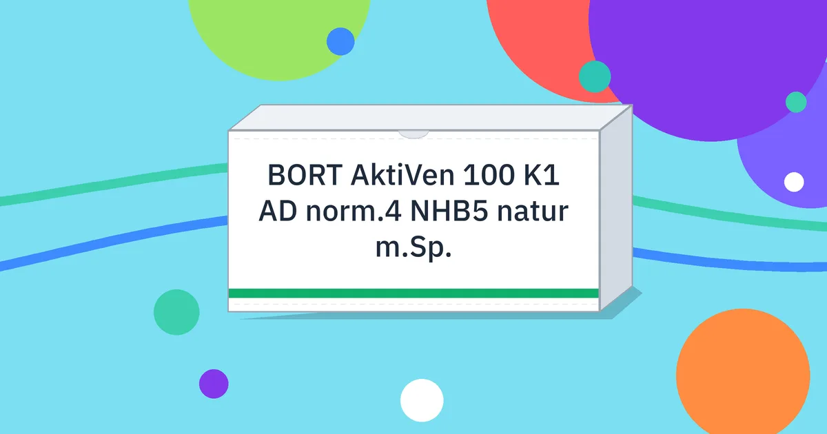 Symbolbild: Packung mit der Aufschrift BORT AktiVen 100 K1 AD norm.4 NHB5 natur m.Sp. (PZN 17493656) – Verfügbarkeit und Bezug in Apotheken in Frankfurt am Main