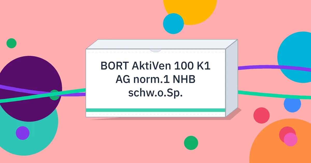 Symbolbild: Packung mit der Aufschrift BORT AktiVen 100 K1 AG norm.1 NHB schw.o.Sp. (PZN 14387528) – Verfügbarkeit und Bezug in Apotheken in Frankfurt am Main