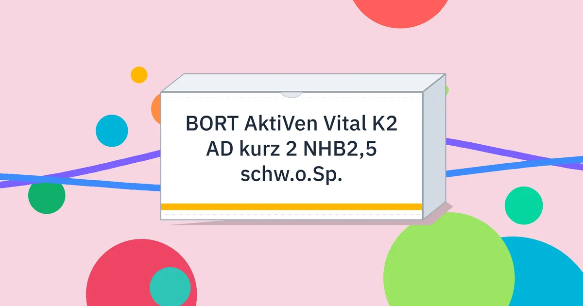 Symbolbild: Packung mit der Aufschrift BORT AktiVen Vital K2 AD kurz 2 NHB2,5 schw.o.Sp. (PZN 17497967) – Verfügbarkeit und Bezug in Apotheken in Frankfurt am Main