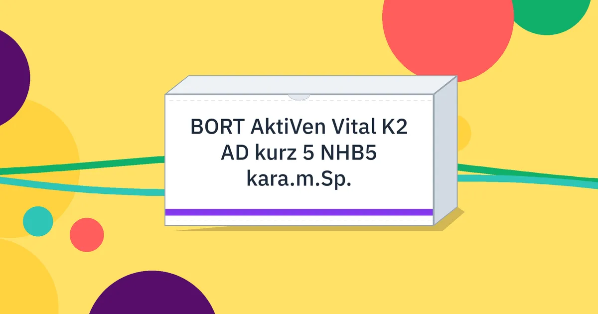 Symbolbild: Packung mit der Aufschrift BORT AktiVen Vital K2 AD kurz 5 NHB5 kara.m.Sp. (PZN 17493047) – Verfügbarkeit und Bezug in Apotheken in Frankfurt am Main