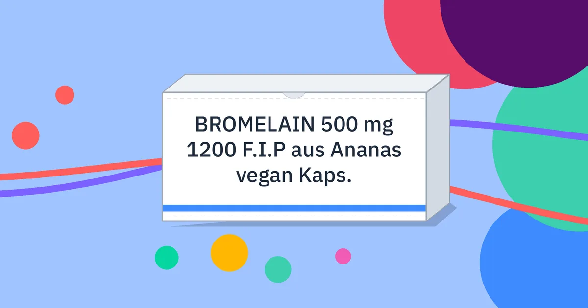 Symbolbild: Packung mit der Aufschrift BROMELAIN 500 mg 1200 F.I.P aus Ananas vegan Kaps. (PZN 18210028) – Verfügbarkeit und Bezug in Apotheken in Frankfurt am Main