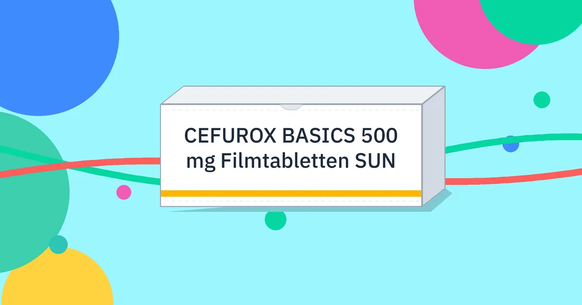 Symbolbild: Packung mit der Aufschrift CEFUROX BASICS 500 mg Filmtabletten SUN (PZN 16230512) – Verfügbarkeit und Bezug in Apotheken in Frankfurt am Main