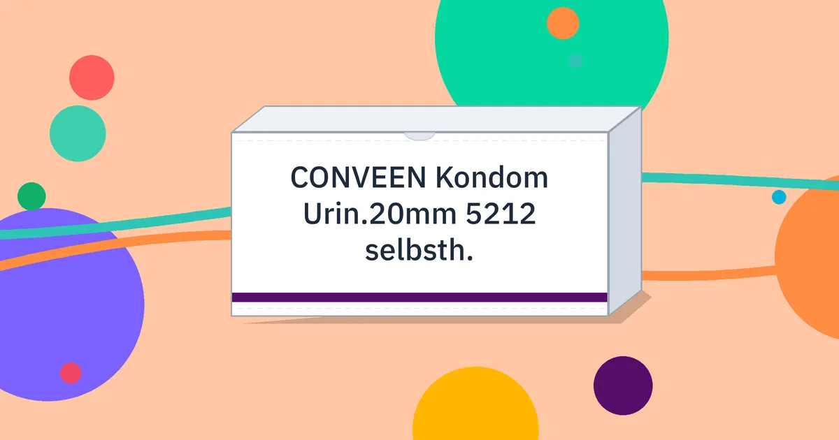 Symbolbild: Packung mit der Aufschrift CONVEEN Kondom Urin.20mm 5212 selbsth. (PZN 08527215) – Verfügbarkeit und Bezug in Apotheken in Frankfurt am Main