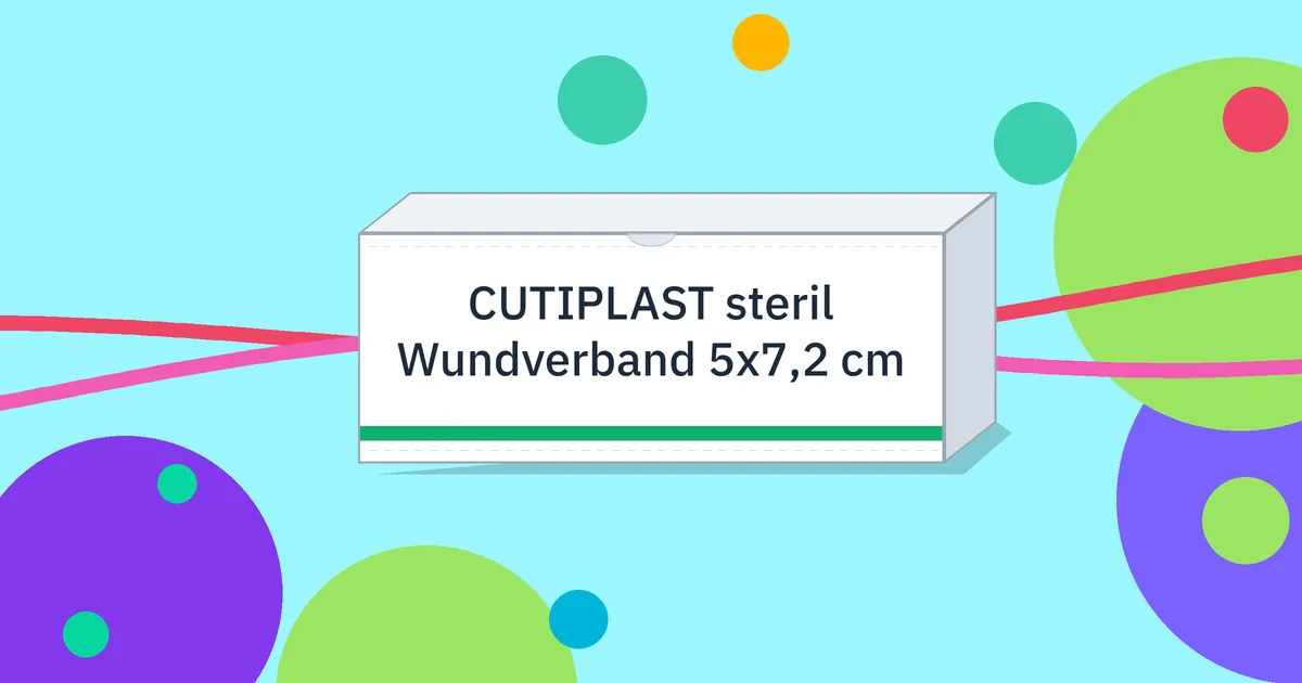Symbolbild: Packung mit der Aufschrift CUTIPLAST steril Wundverband 5x7,2 cm (PZN 18437341) – Verfügbarkeit und Bezug in Apotheken in Frankfurt am Main