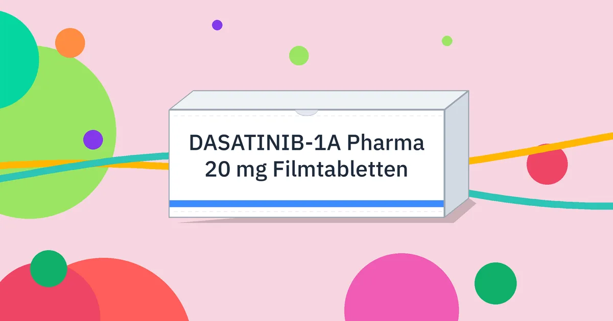 Symbolbild: Packung mit der Aufschrift DASATINIB-1A Pharma 20 mg Filmtabletten (PZN 16755373) – Verfügbarkeit und Bezug in Apotheken in Frankfurt am Main