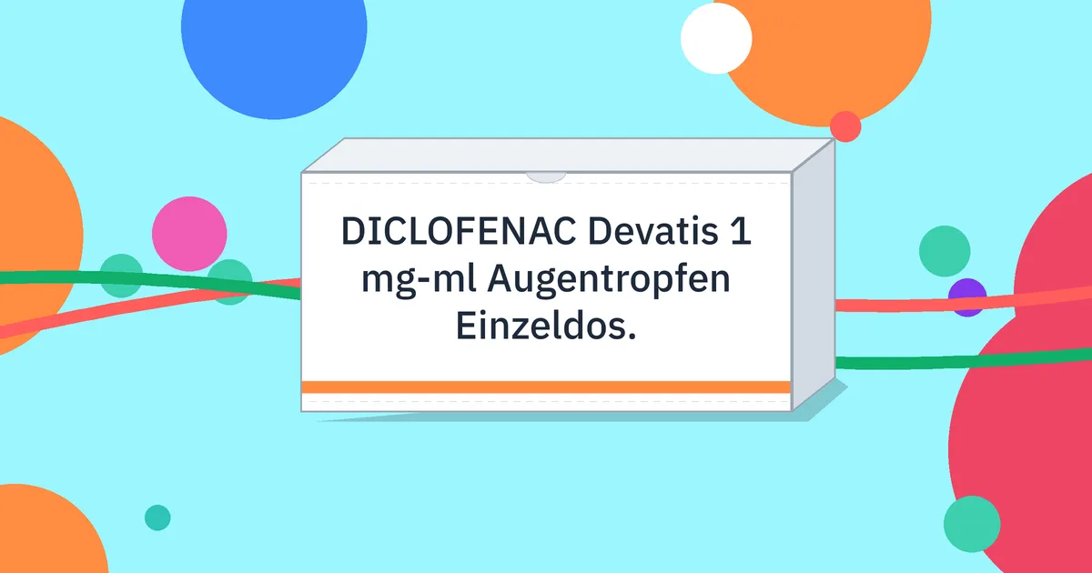 Symbolbild: Packung mit der Aufschrift DICLOFENAC Devatis 1 mg-ml Augentropfen Einzeldos. (PZN 14251384) – Verfügbarkeit und Bezug in Apotheken in Frankfurt am Main